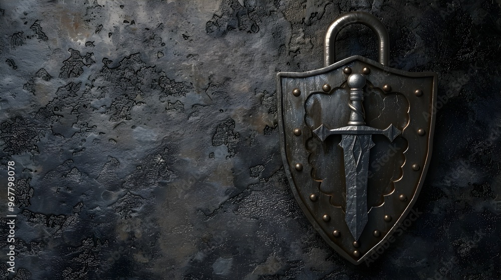 Medieval Padlock Icon with Shield and Sword Symbolizing Protection and ...