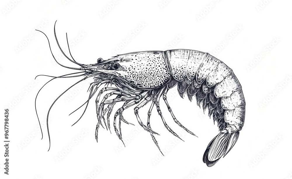Seafood, shrimp prawn. Vintage retro print, black white seafood shrimp ...