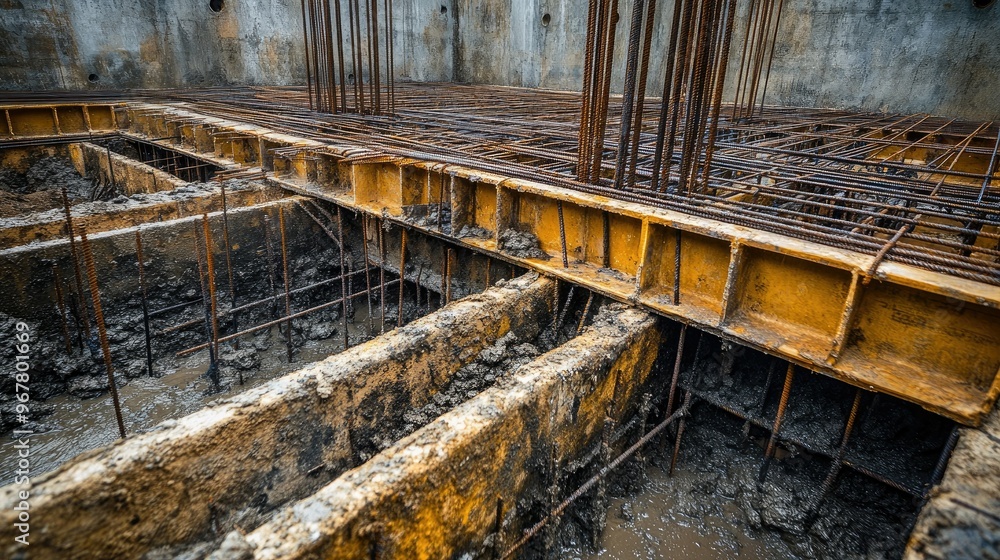 Rebar and formwork in a foundation pit, captured in a detailed shot ...