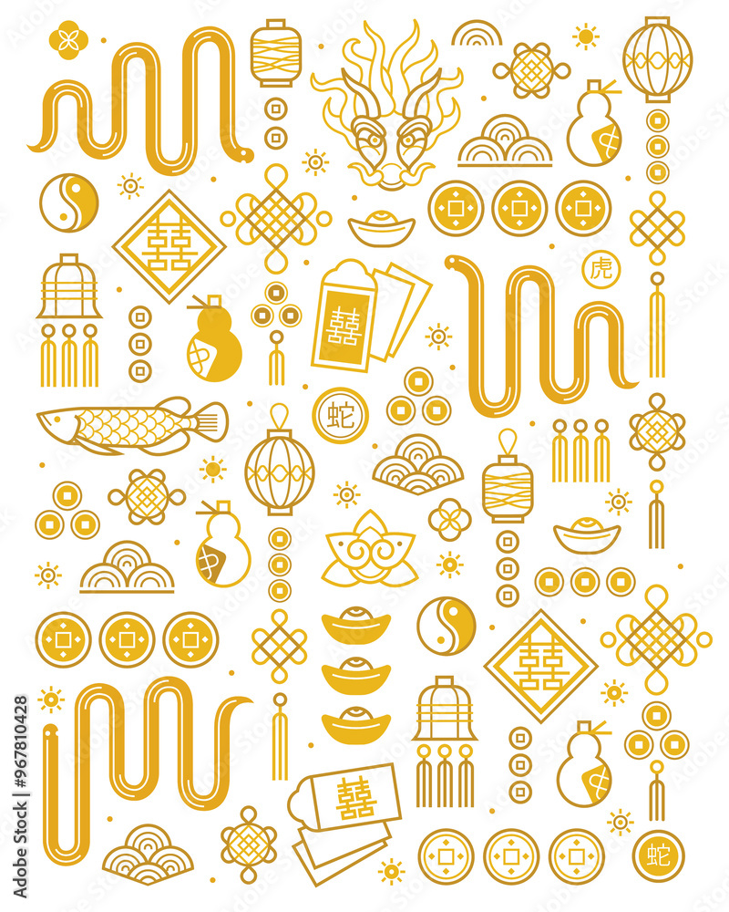 Square pattern with symbols of the Snake Zodiac sign, Symbol of 2025 in ...