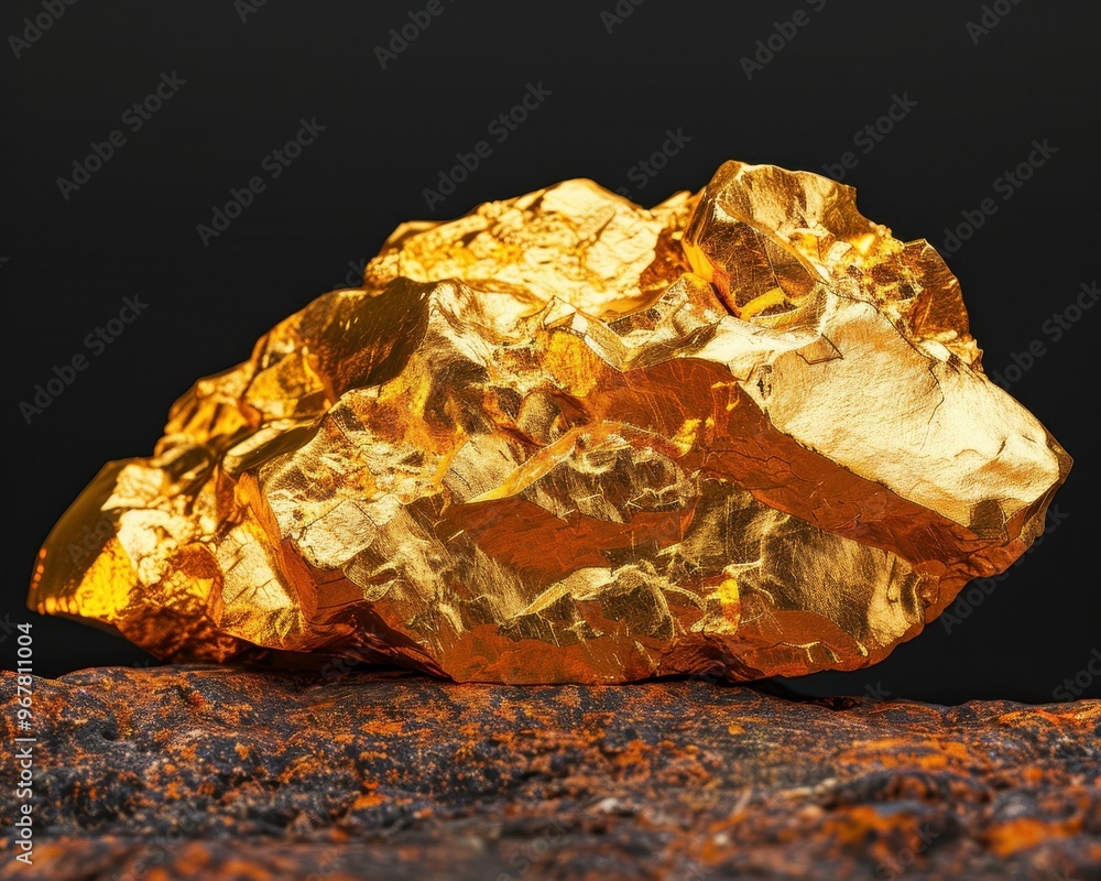 A large nugget of gold sits on a rough, rusty surface. The gold is ...