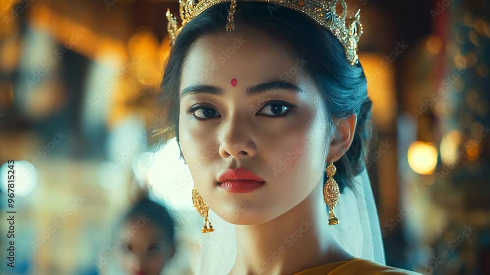 traditional Southeast Asian woman wearing golden crown in ancient ...