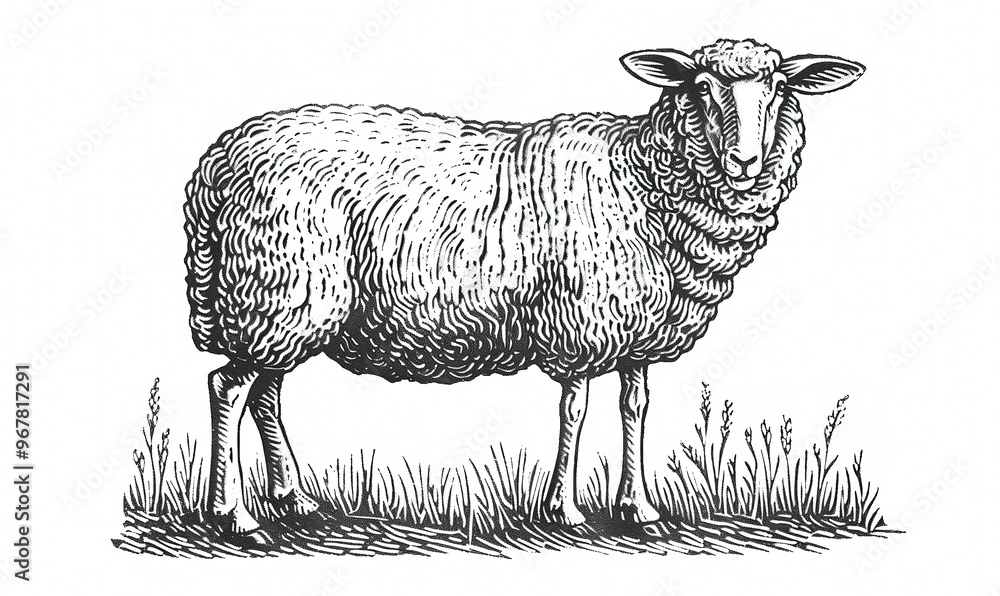 Sheep, lamb. Vintage retro print, black white sheep lamb sketch ink ...