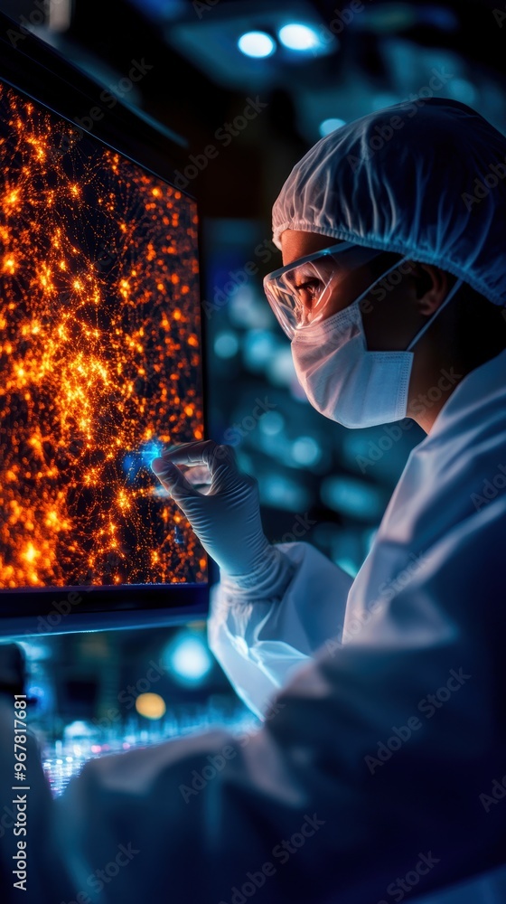 Scientist in a biotech lab using AI-driven analysis to study cell ...