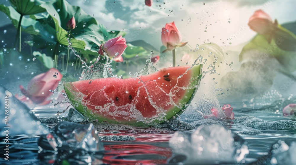 Slice of watermelon being dropped into a body of water, creating a ...