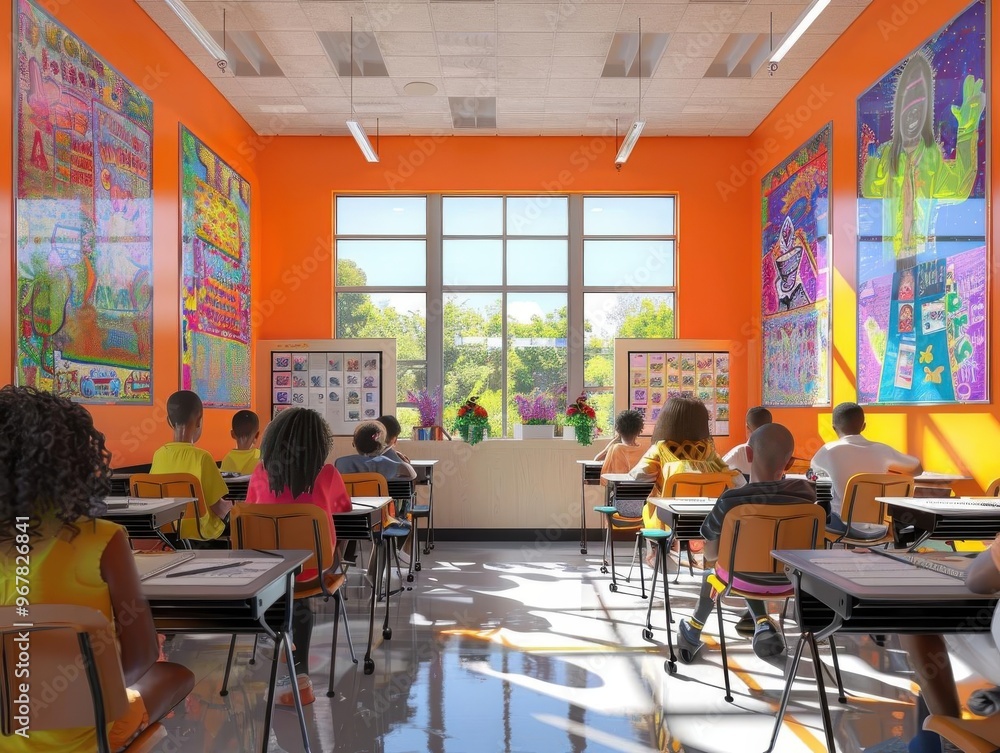 A vibrant classroom setting with students engaged in learning. Colorful ...