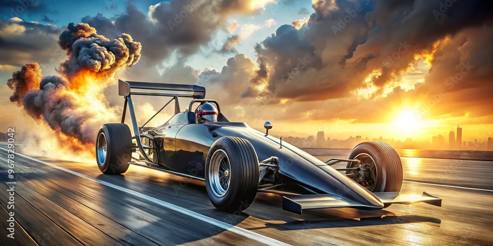 High-performance dragster racecar accelerates down the track, burning ...