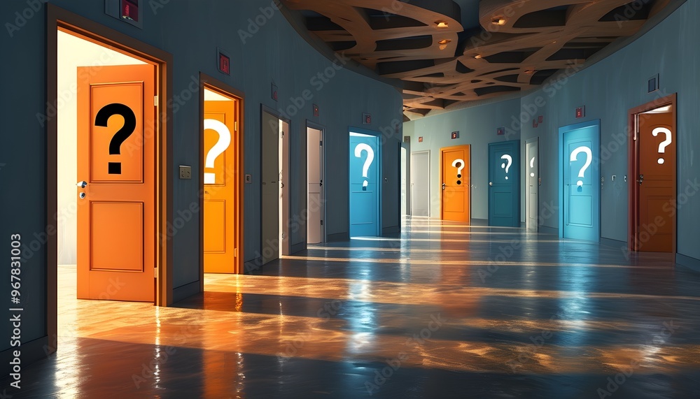 Hallway of Choices: Doors Marked with Question Marks Symbolizing Lifes ...