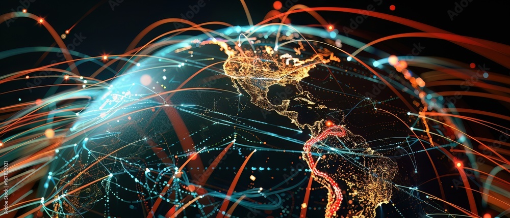 Pulsating trade routes on a digital globe, highlighting global ...