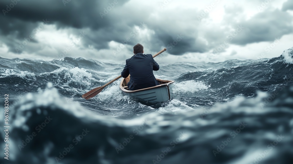 Man rowing a small boat through rough waters under a dark, stormy sky ...