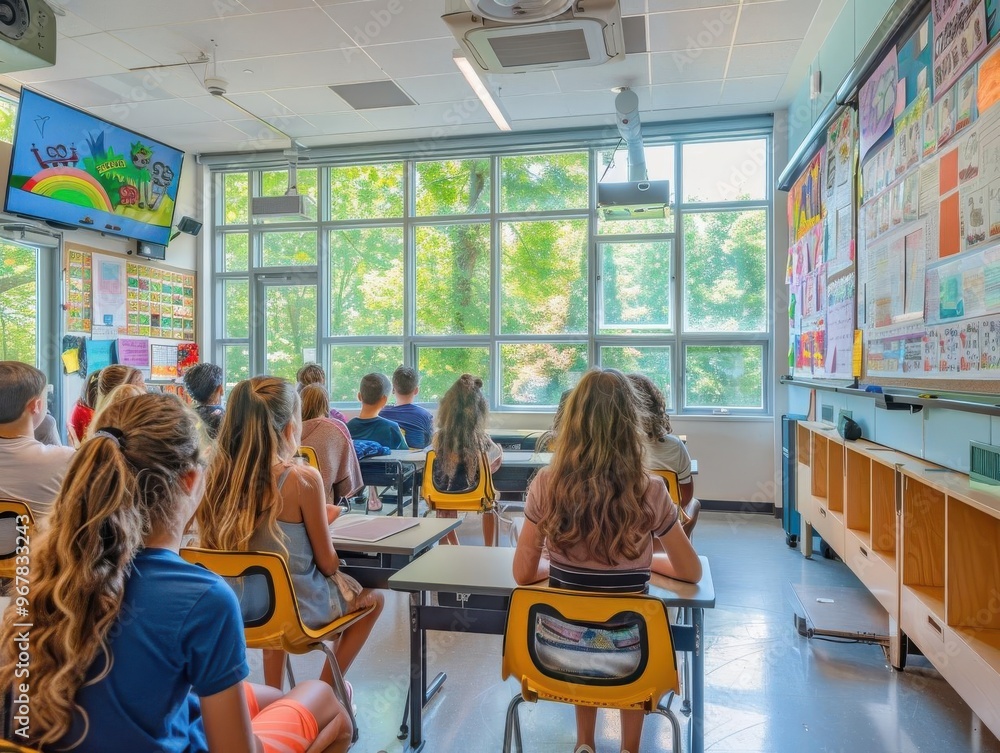 A modern classroom setting with students engaged in learning, bright ...