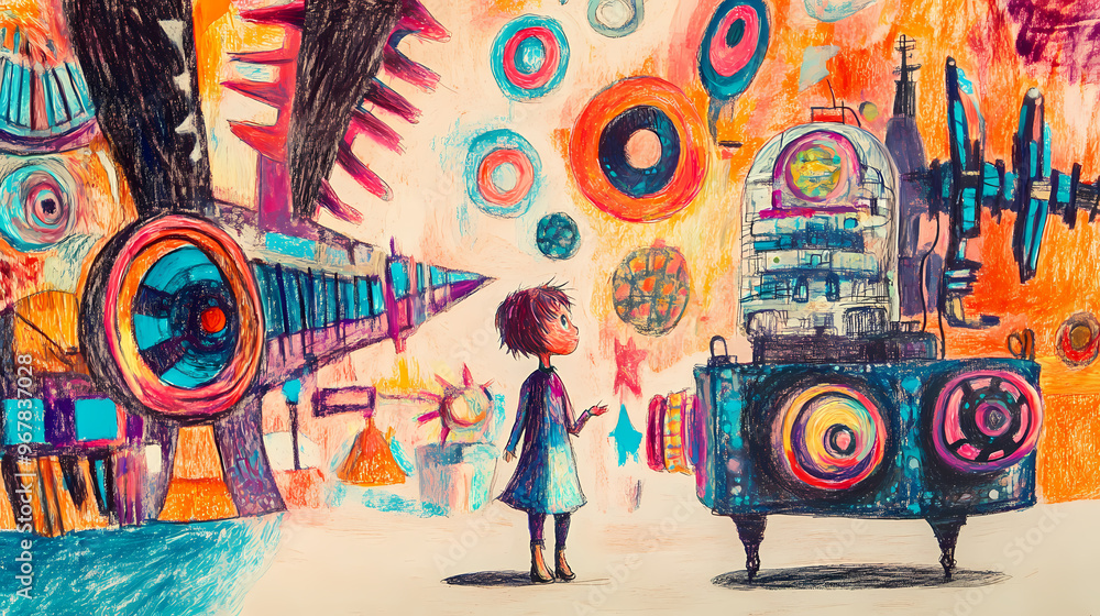 Naive crayon drawing of a child with a time machine generative ai. Time ...