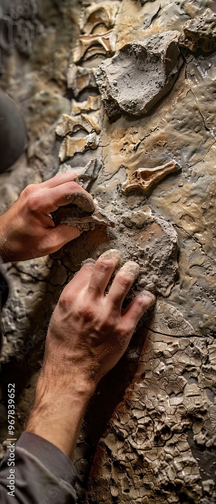Intimate view of a paleontologista s hands brushing away dirt from a ...