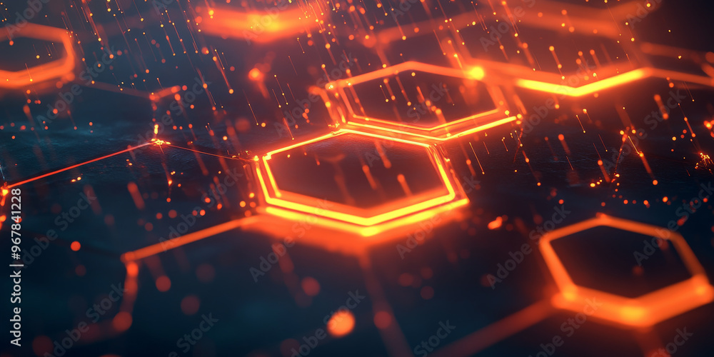 Neon hexagons glowing in rich orange and red, with a metallic brushed ...