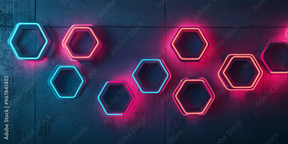 Neon hexagons glowing in vivid cyan and red, with a smooth plastic ...