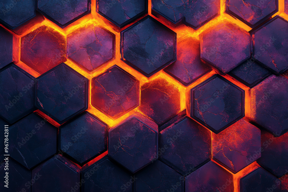 Neon hexagons with a glowing marble texture, radiating in red and ...