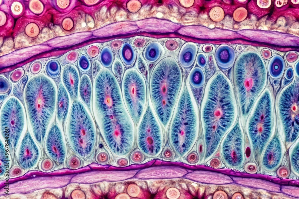 Microscopic image of stratified columnar epithelial tissue, featuring ...