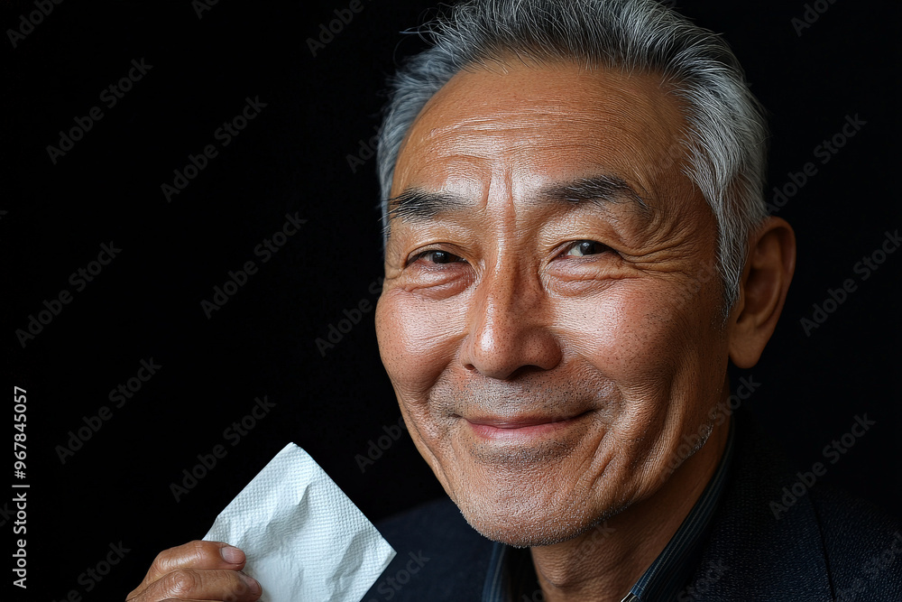 Senior Japanese man smiling while using facial oil blotting paper. His ...