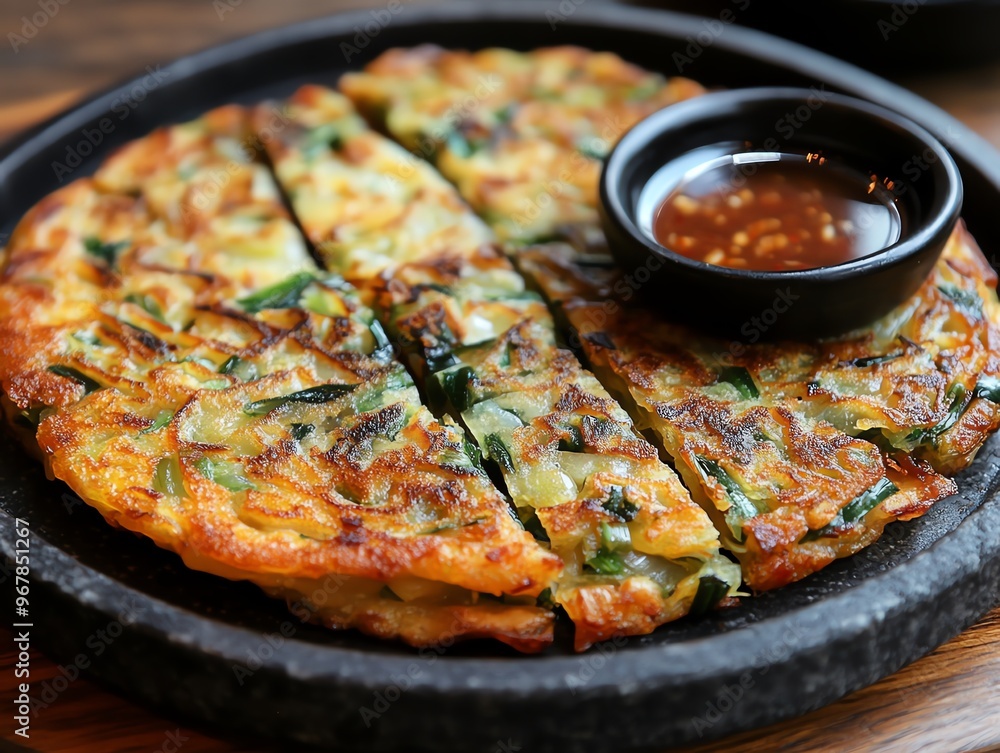 Pajeon, a crispy Korean green onion pancake, served with dipping sauce ...