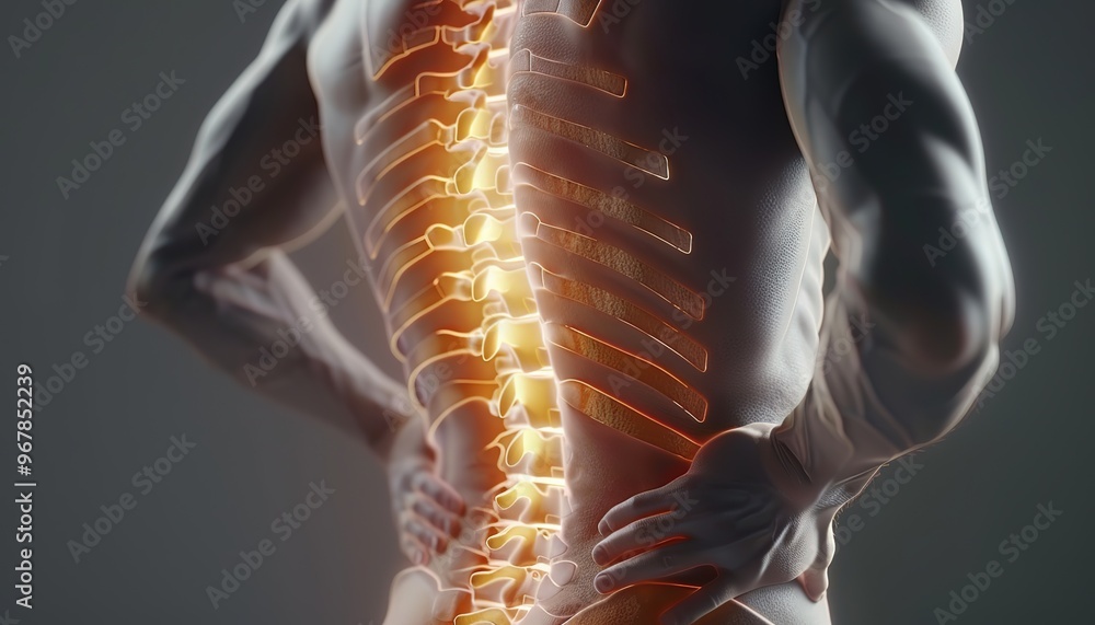 Patients with back pain have a glowing spine highlighted in red. Human ...