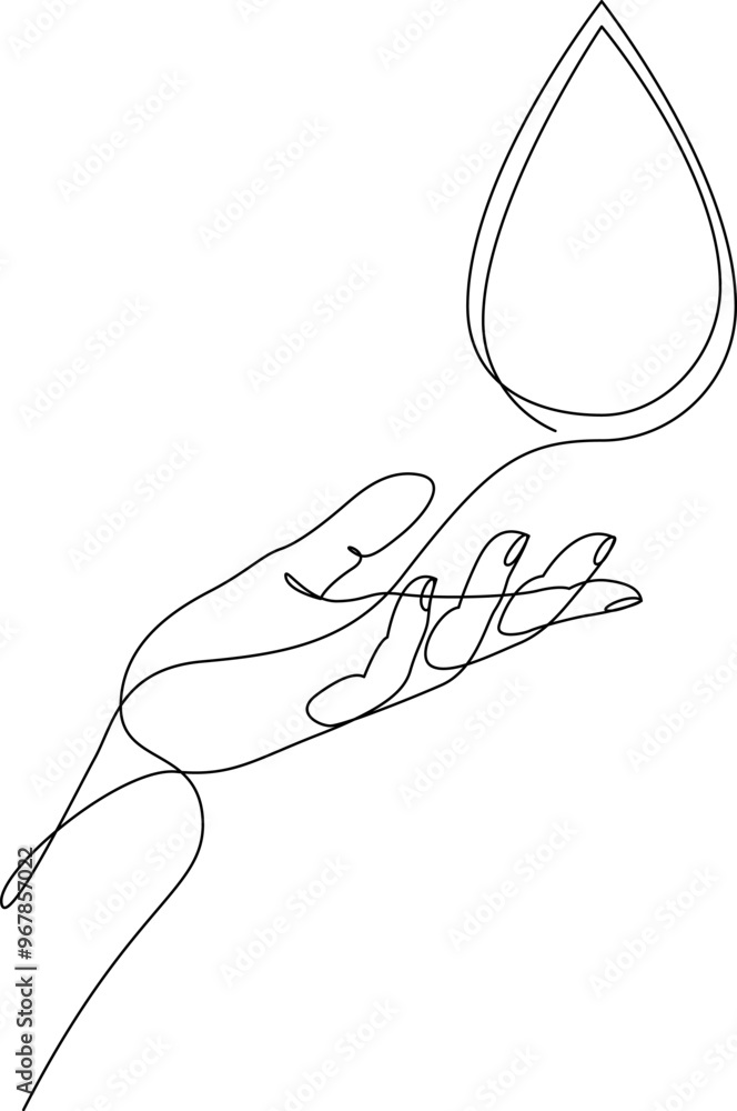 Continuous one line drawing of human hand holding water drop. Blood or ...