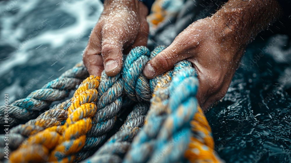 Detail of hands cleating off superyacht mooring lines on the foredeck ...