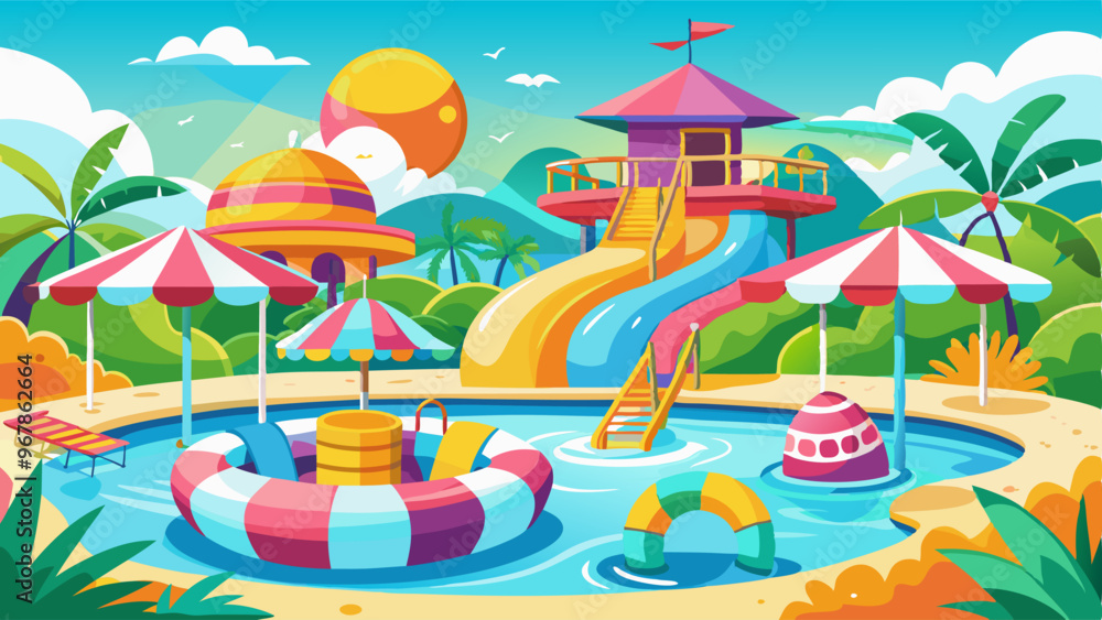 Summer waterpark with water pools and slides. Cartoon vector ...