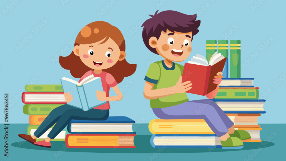 Kids reading books at library or home. Cartoon vector illustration set ...