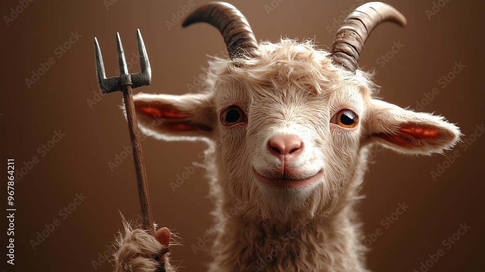 Goat in a devil costume with tiny horns and a pitchfork, devil goat ...