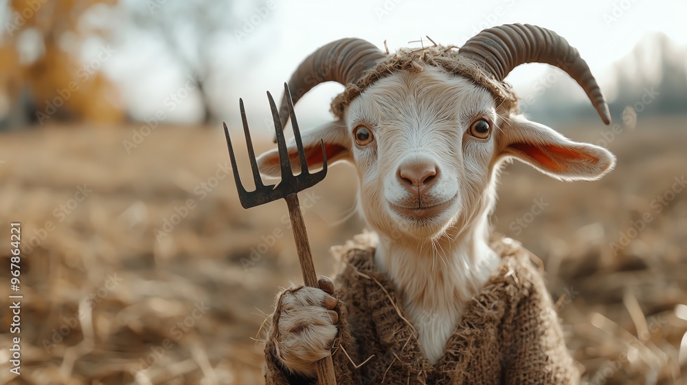 Goat in a devil costume with tiny horns and a pitchfork, devil goat ...