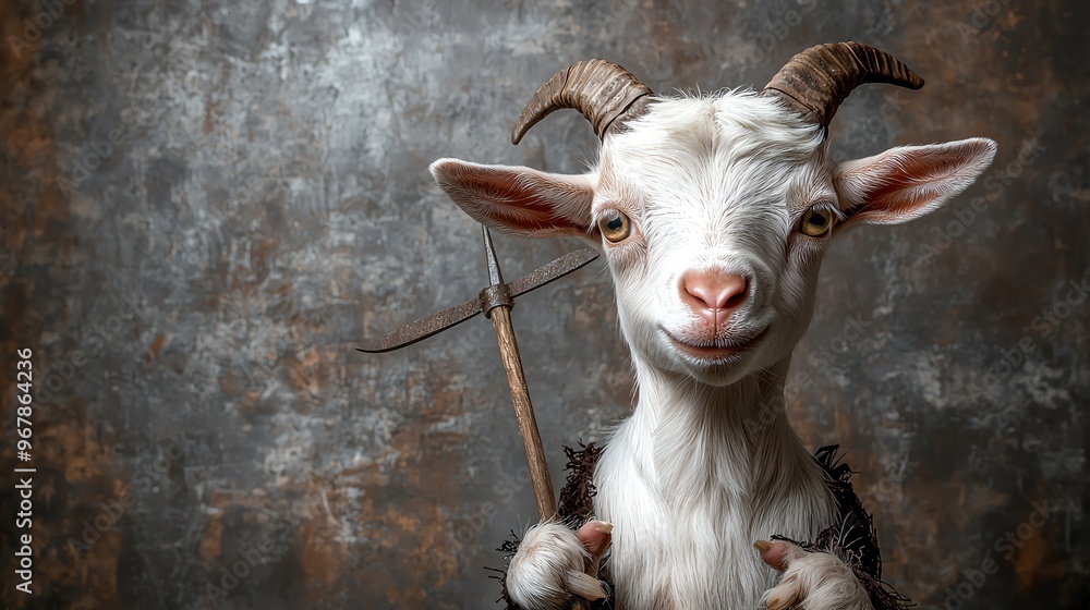 Goat in a devil costume with tiny horns and a pitchfork, devil goat ...