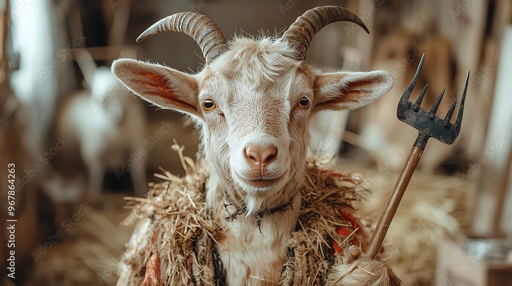 Goat in a devil costume with tiny horns and a pitchfork, devil goat ...