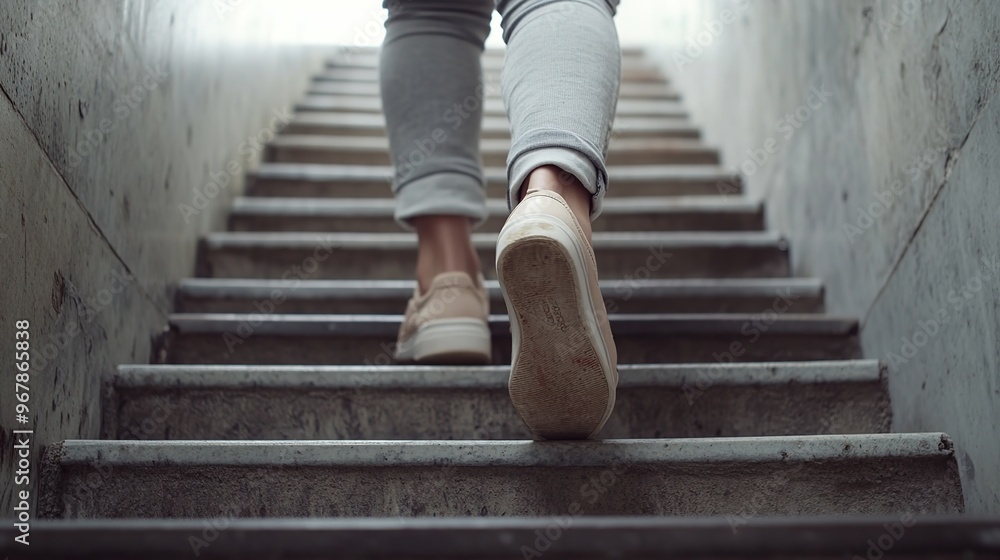 Closeup of woman feet walking on stairs. Young woman's feet wearing ...