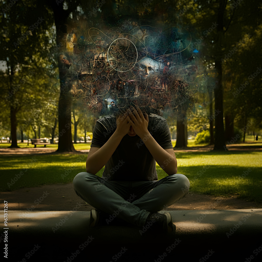 A person sitting in a peaceful park, but their mind is filled with ...