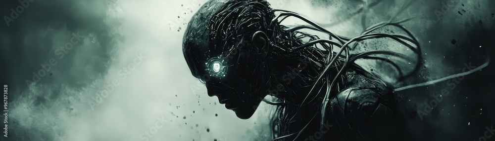 Zombie with glowing cybernetic eyes, wires and cables entwined around ...