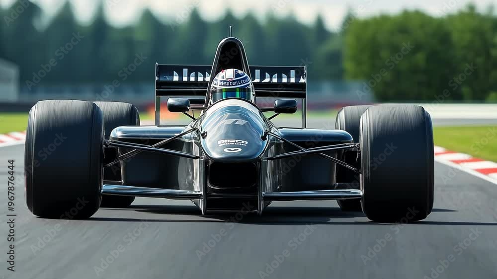 Formula 1 racing car speeding on track with forest background. High ...