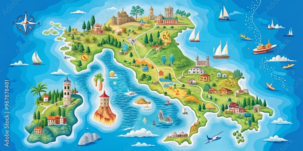 Vibrant, illustrated map of Calabria, Italy, showcasing regional ...