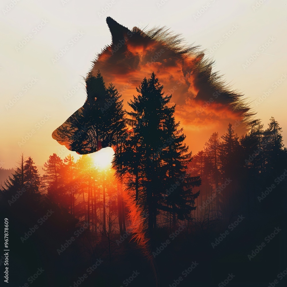 Double exposure of a wolf in the forest, observing deforestation and ...