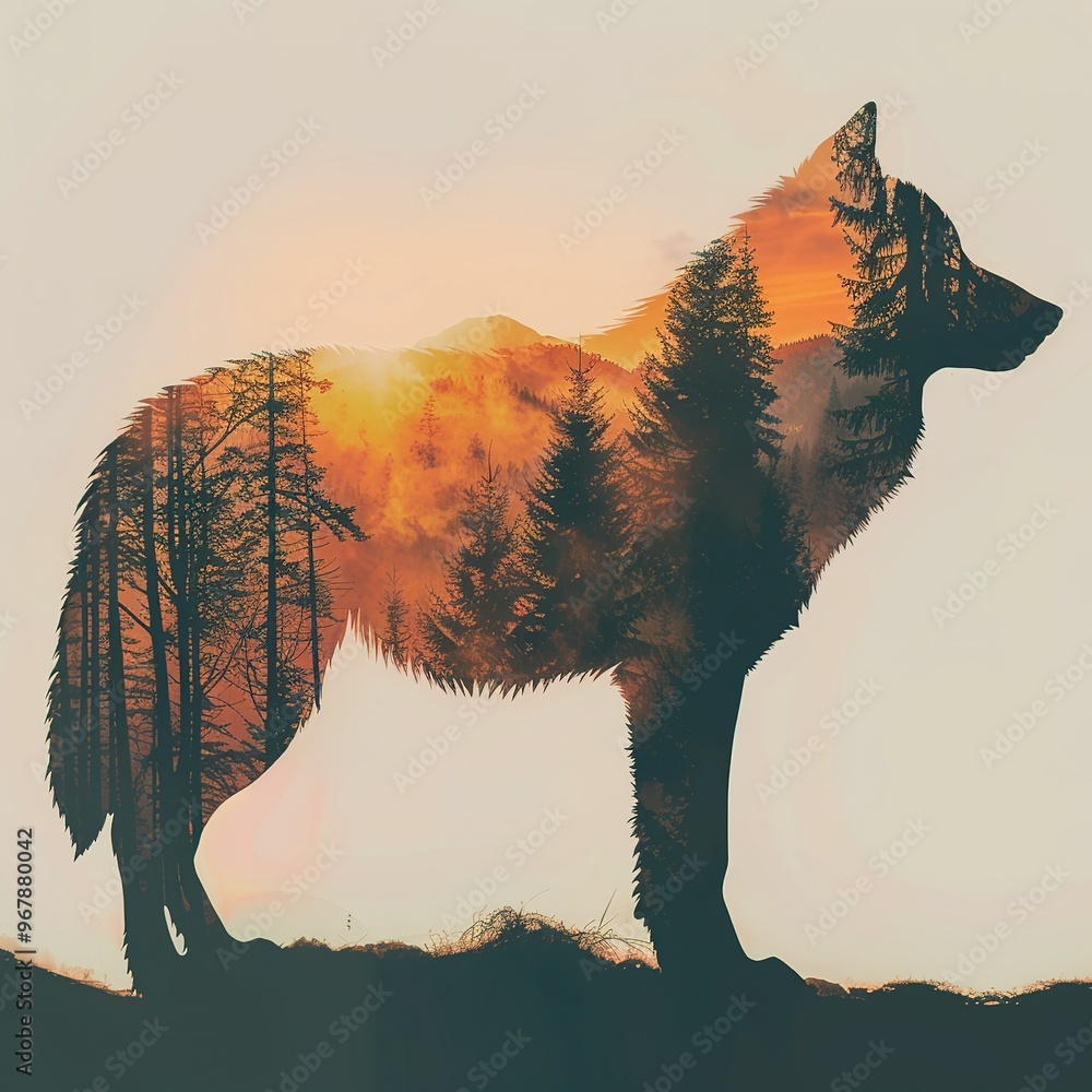 Double exposure of a wolf in the forest, observing deforestation and ...