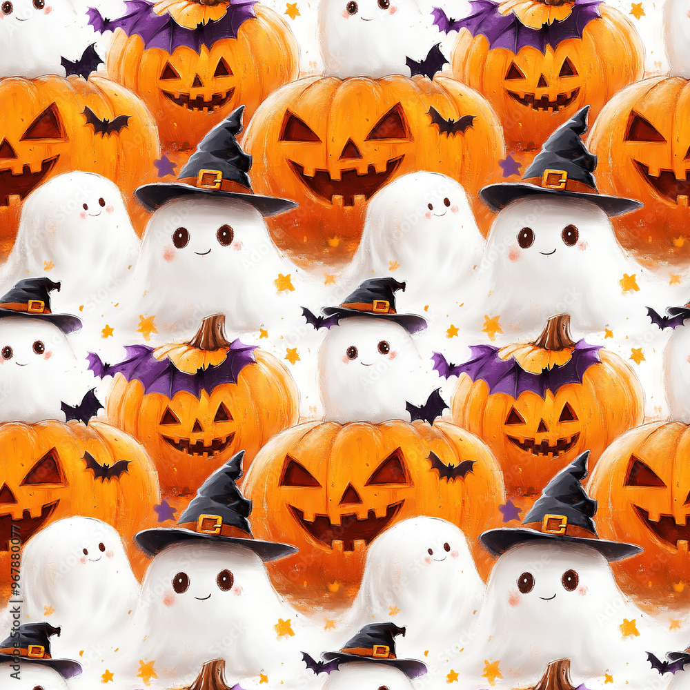 Cute ghosts and pumpkins with witch hats and bats for halloween ...