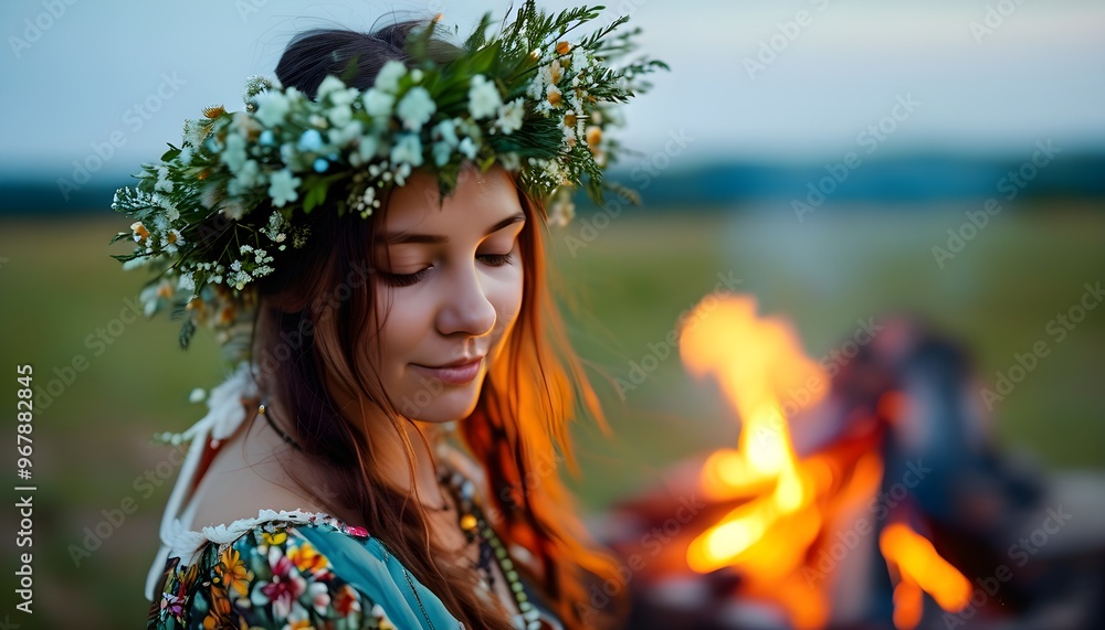 Celebration of Summer Solstice with a woman adorned in a floral wreath ...