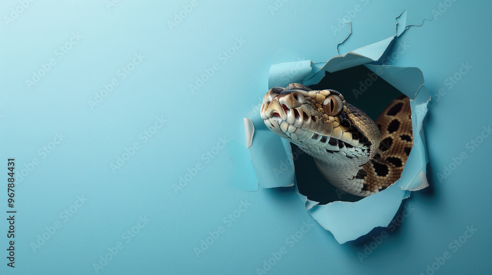 cute african rock python peeking through a hole in a blue paper wall ...