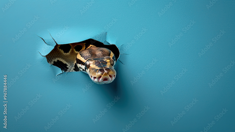 cute african rock python peeking through a hole in a blue paper wall ...