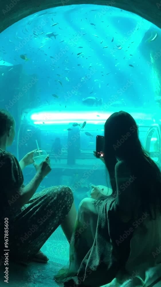 Happy Asian woman friends enjoy looking sea life in fish tank at ...