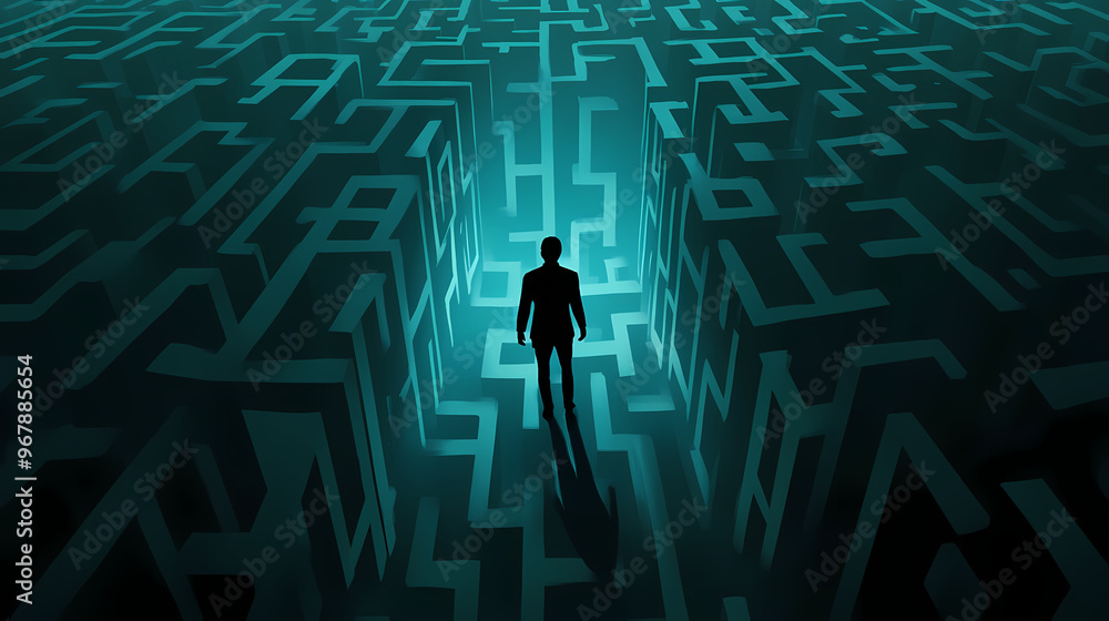 Man silhouette in maze or labyrinth. finding solution and self concept ...