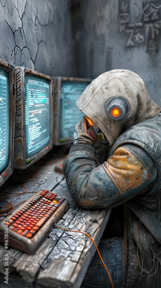 Hacker's workstation with multiple screens in cyberpunk style ...