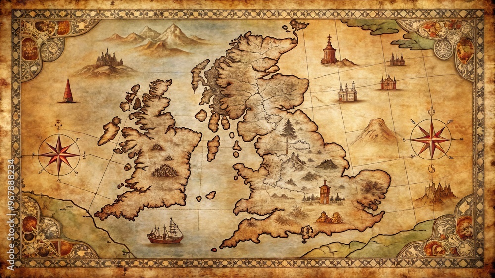Vintage-style England map with ornate borders and classic typography ...