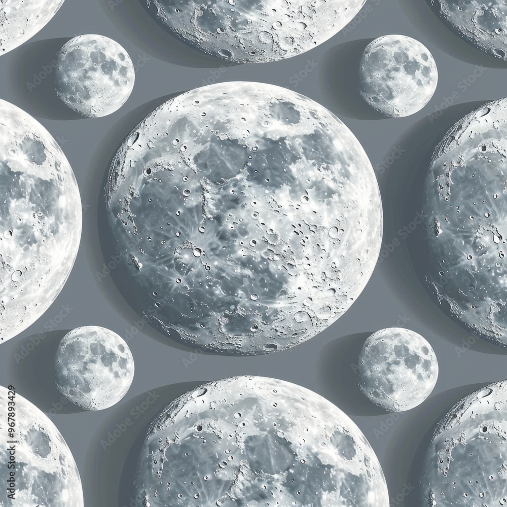 Seamless pattern of hyper-realistic moon textures in various phases, featuring detailed craters ...
