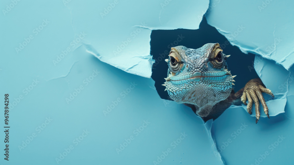 cute frilled lizard peeking through a hole in a blue paper wall Stock ...