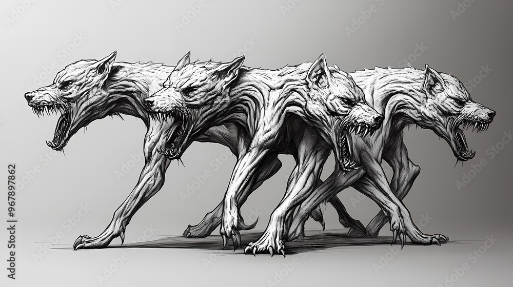 evolution of a cerberus, three-headed dog, growth stages, infernal ...